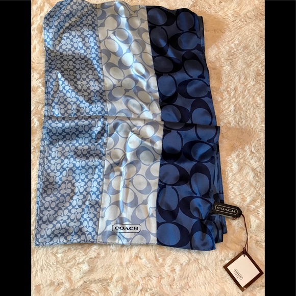 Coach | Accessories | Nwt Coach Signature Silk Shades Of Blue Scarf ...